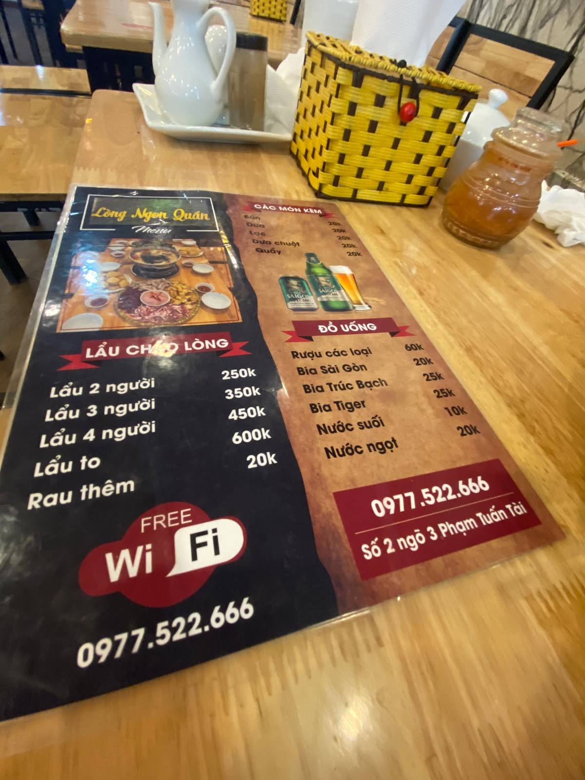 Menu at Lòng Ngon Trần Cháo restaurant, Hanoi