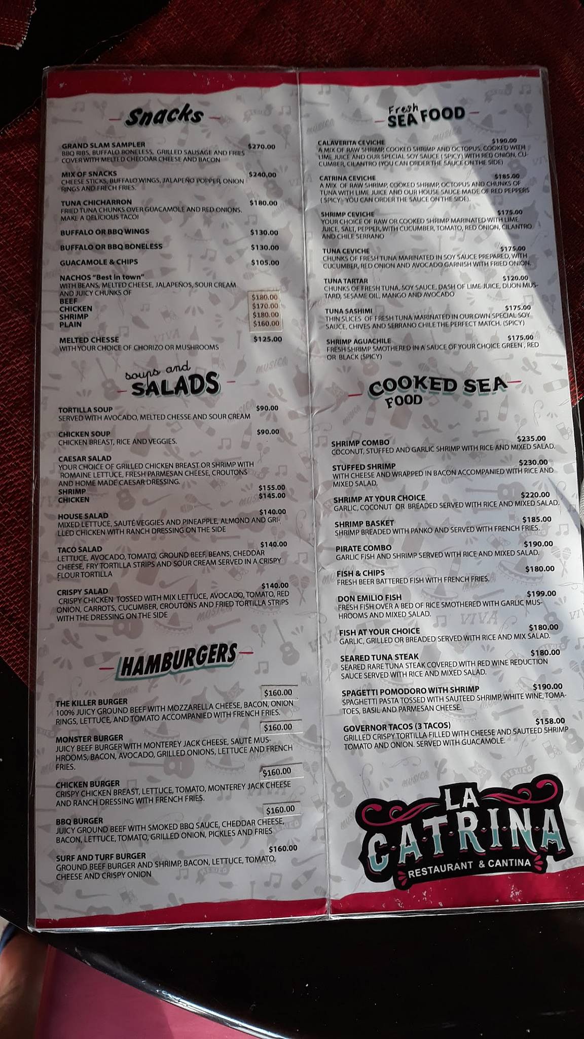 Menu at LA CATRINA restaurant, Mazatlán