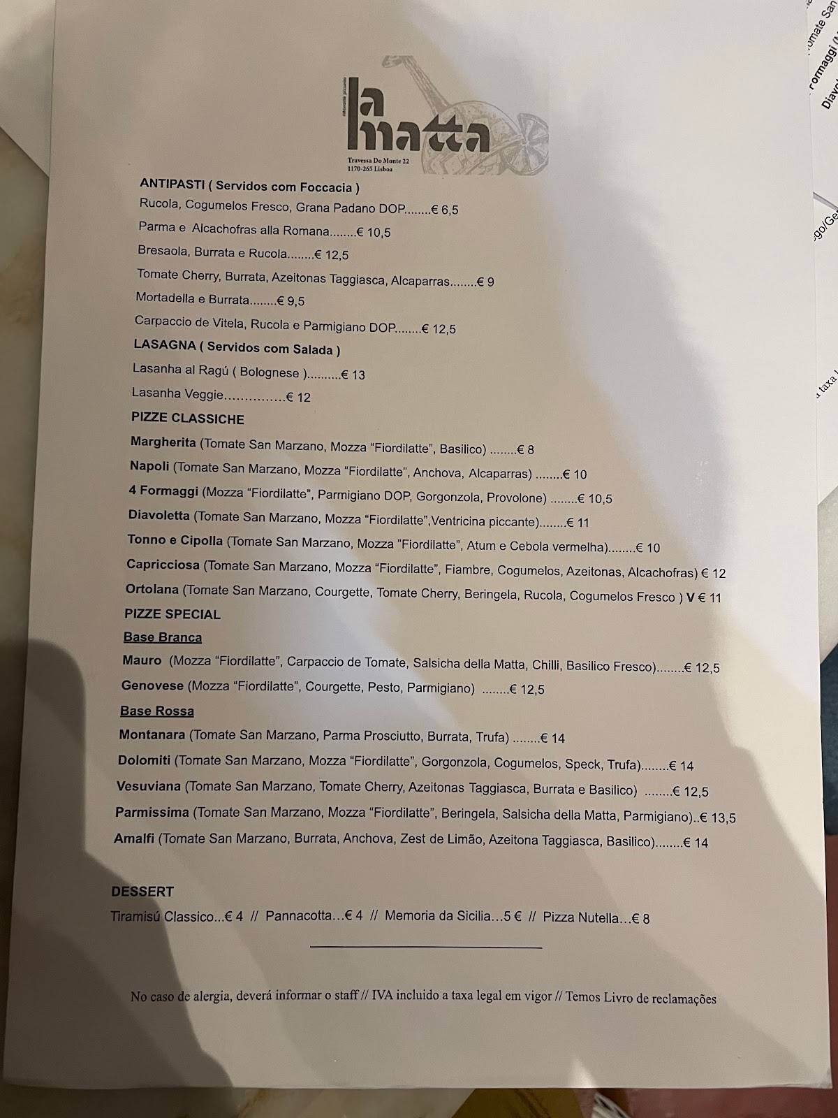 Menu em LA MATTA PIZZERIA, Lisboa, Tv. do Monte 22 R/C
