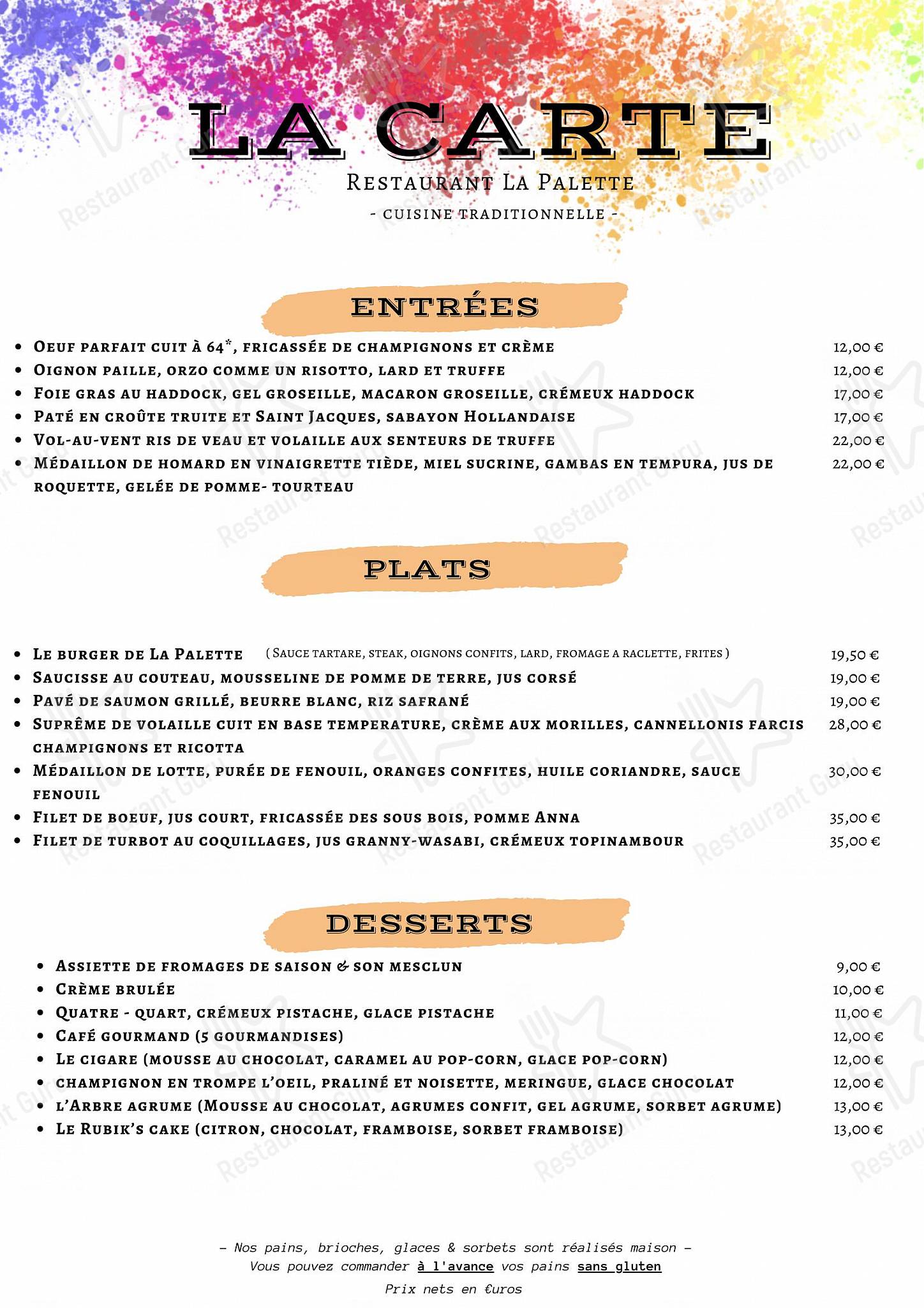 Menu au LA PALETTE restaurant, Moret-sur-Loing