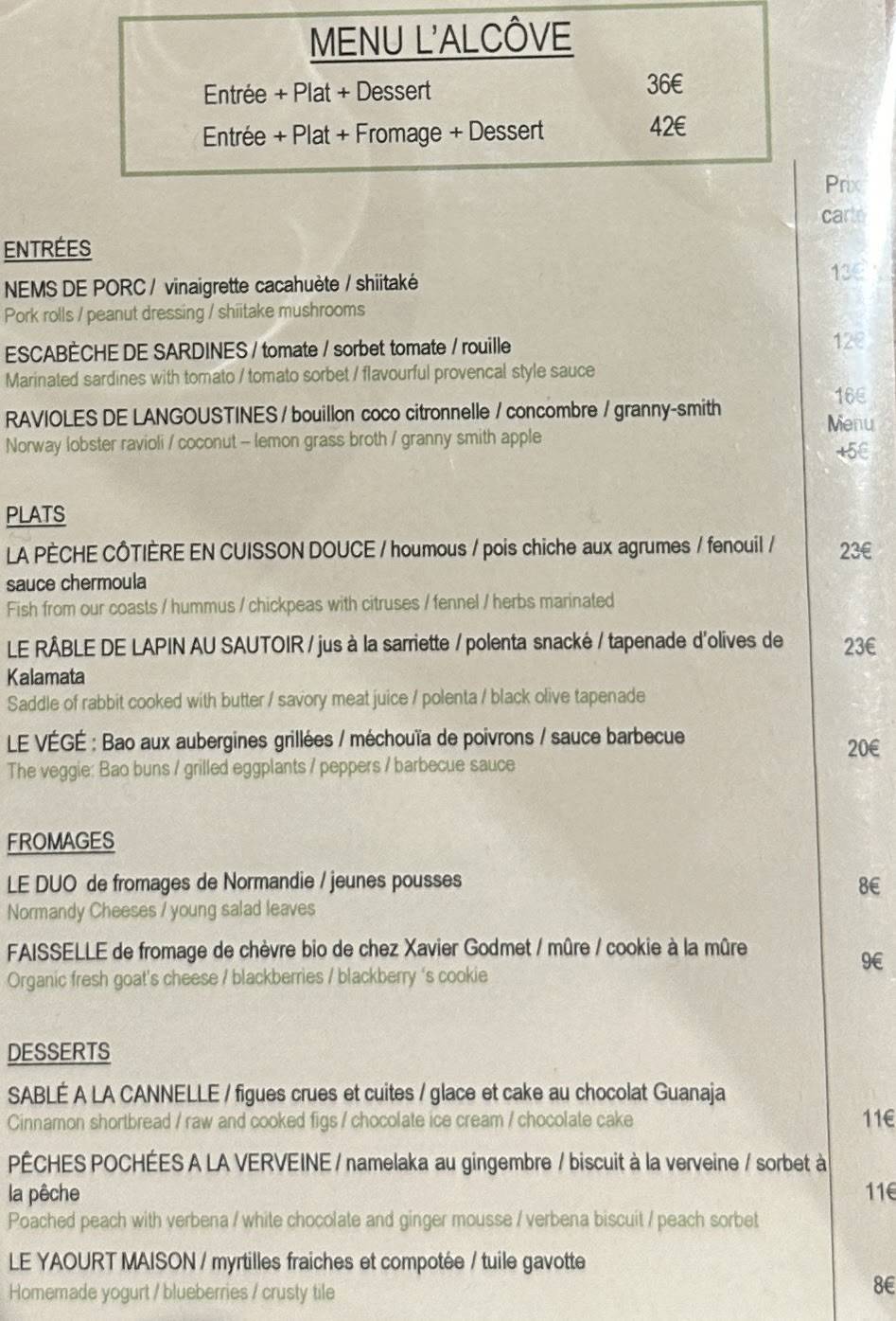 Menu at L'Alcôve restaurant, Bayeux