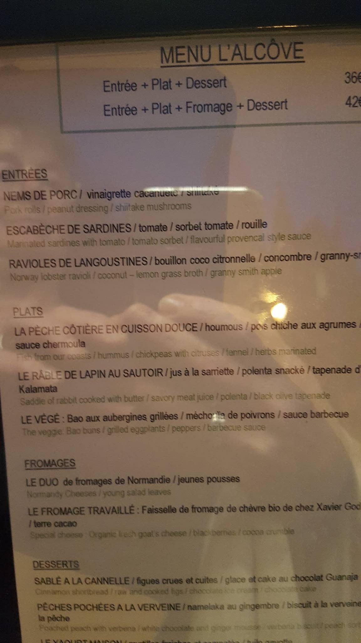 Menu at L'Alcôve restaurant, Bayeux
