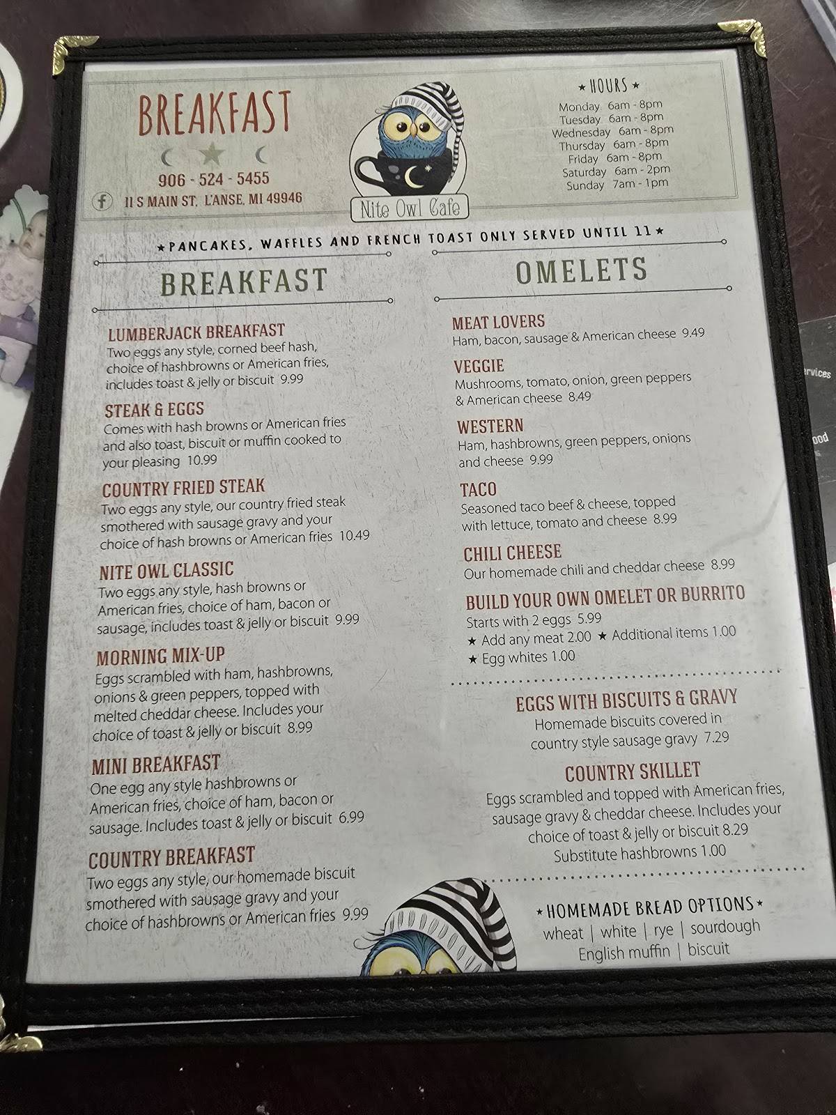 Menu at Nite Owl Cafe, L'Anse