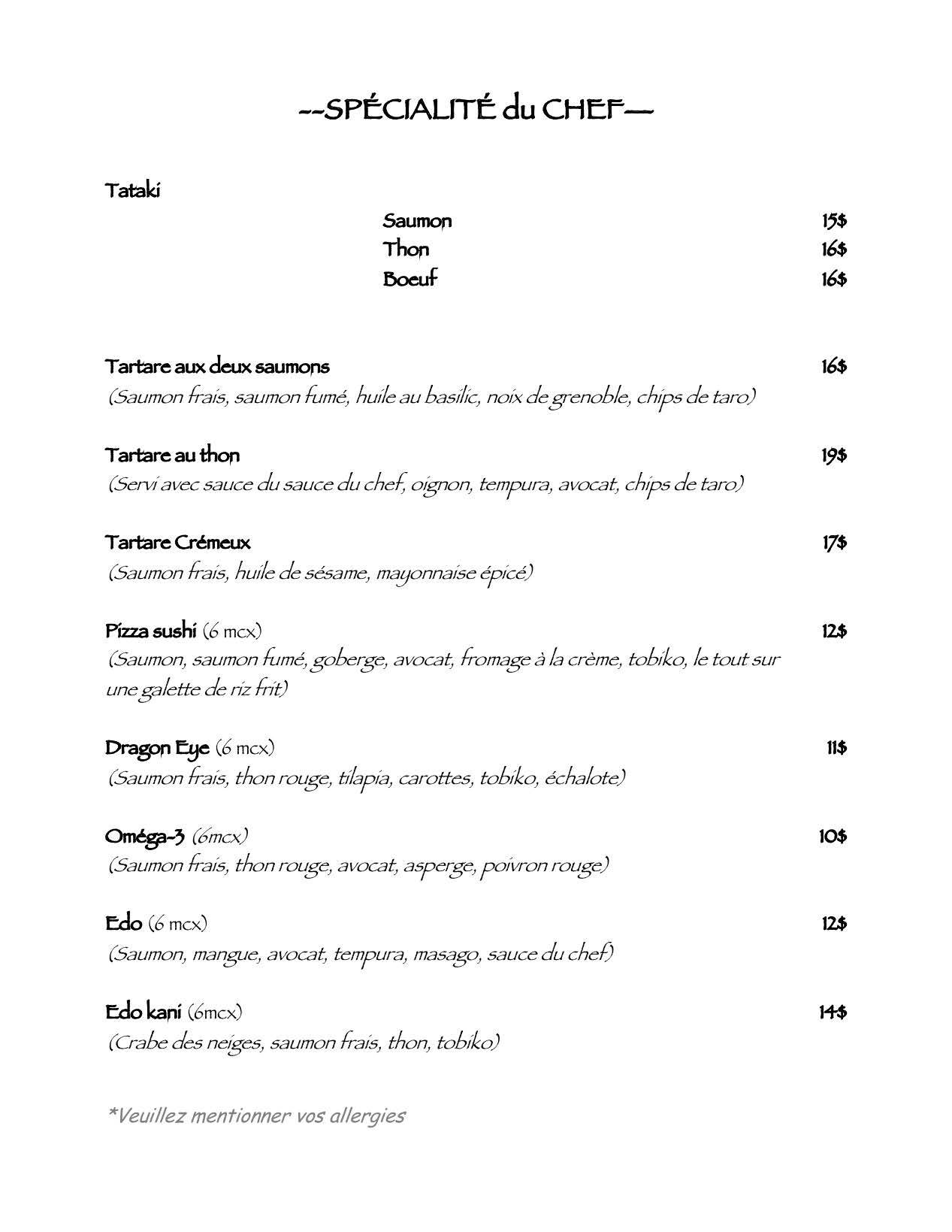 Menu au Zen Restaurant, L'Assomption, 372 Bd de l'Ange-Gardien