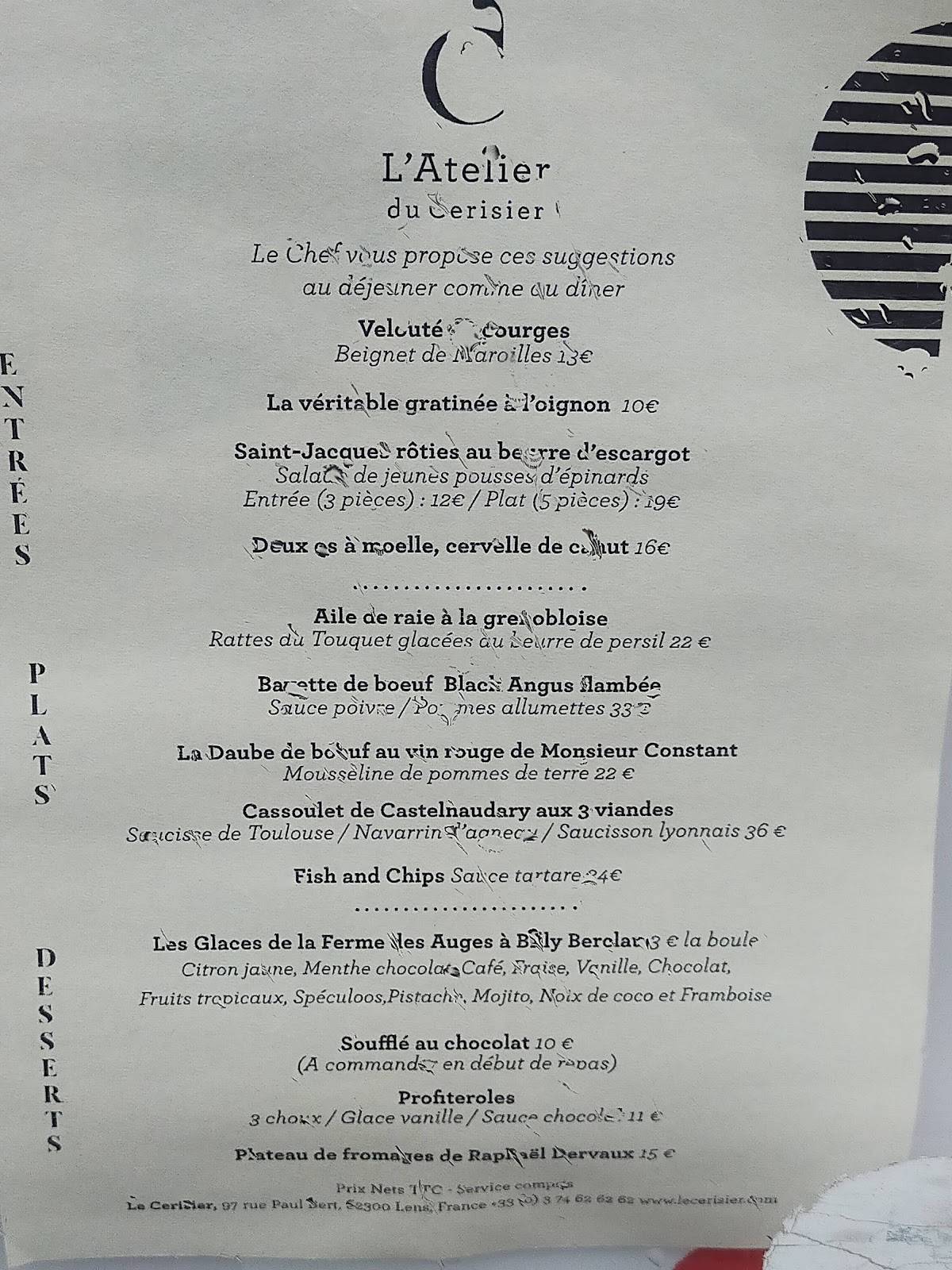 Menu au L'Atelier du Cerisier restaurant, Lens