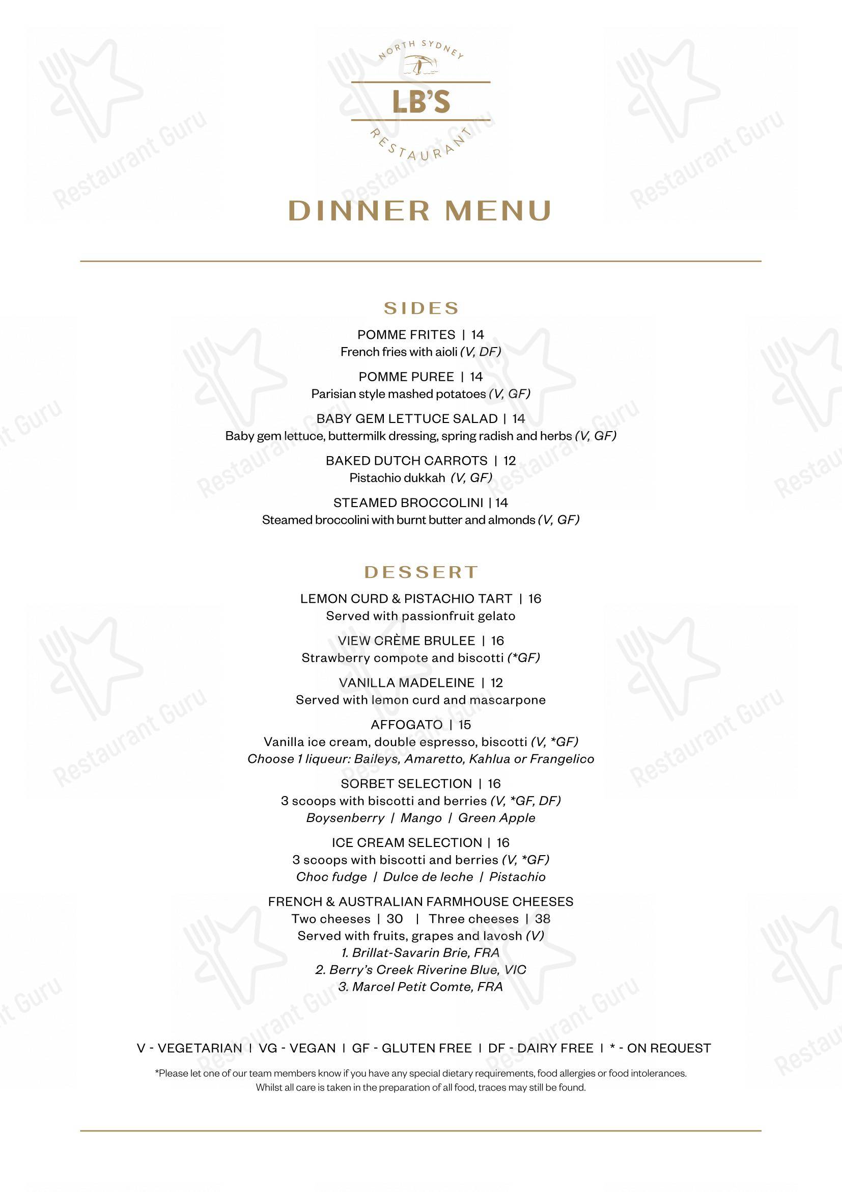 Menu at LB's Restaurant, North Sydney