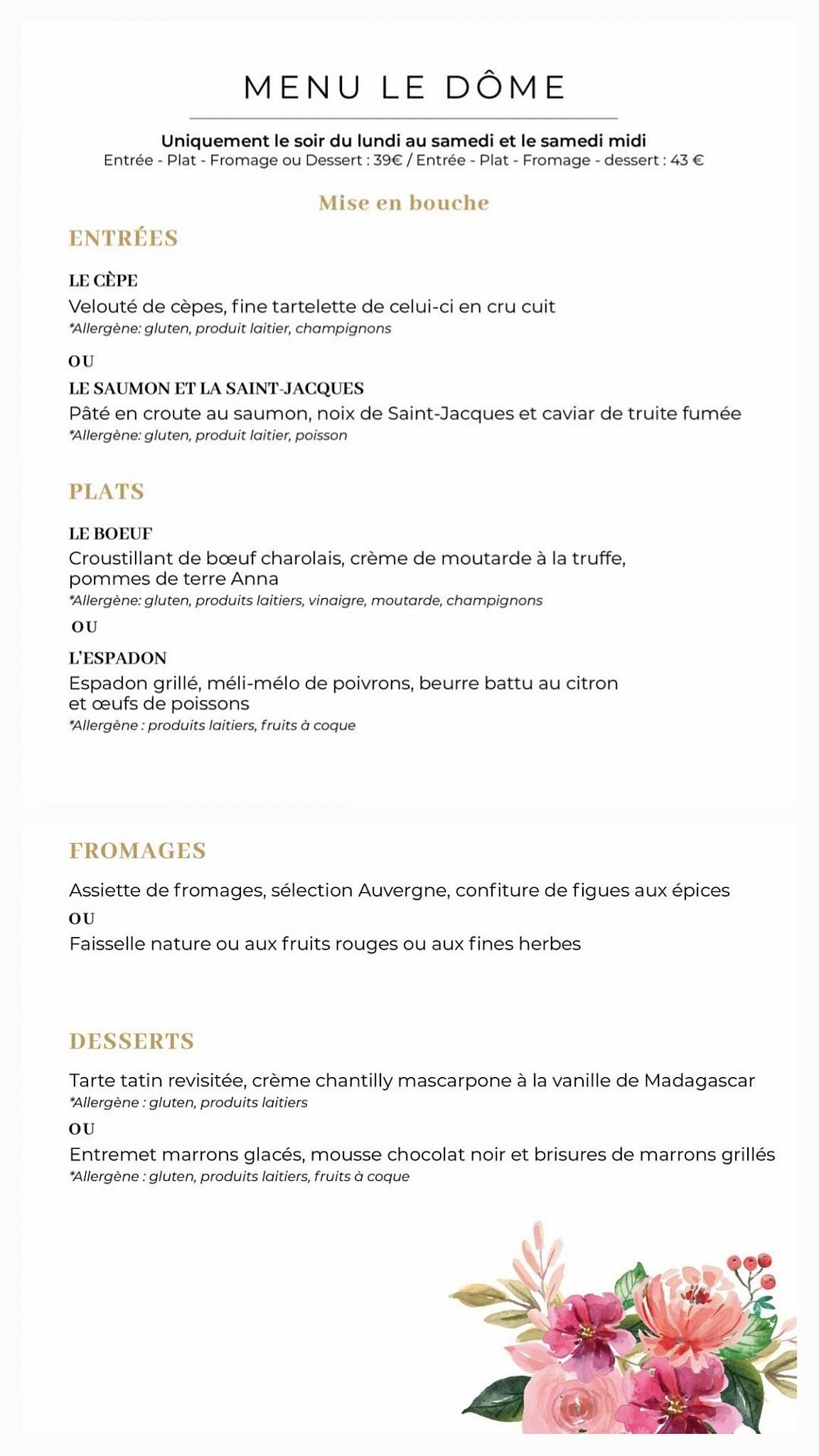 Menu au Le Dôme pub et bar, Roanne