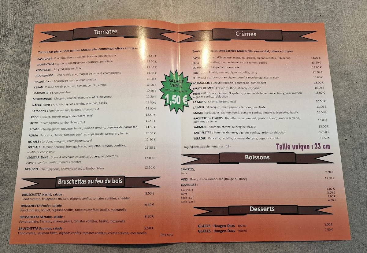 Carta de pizzería LE FOUR A BOIS, Tonnay-Charente