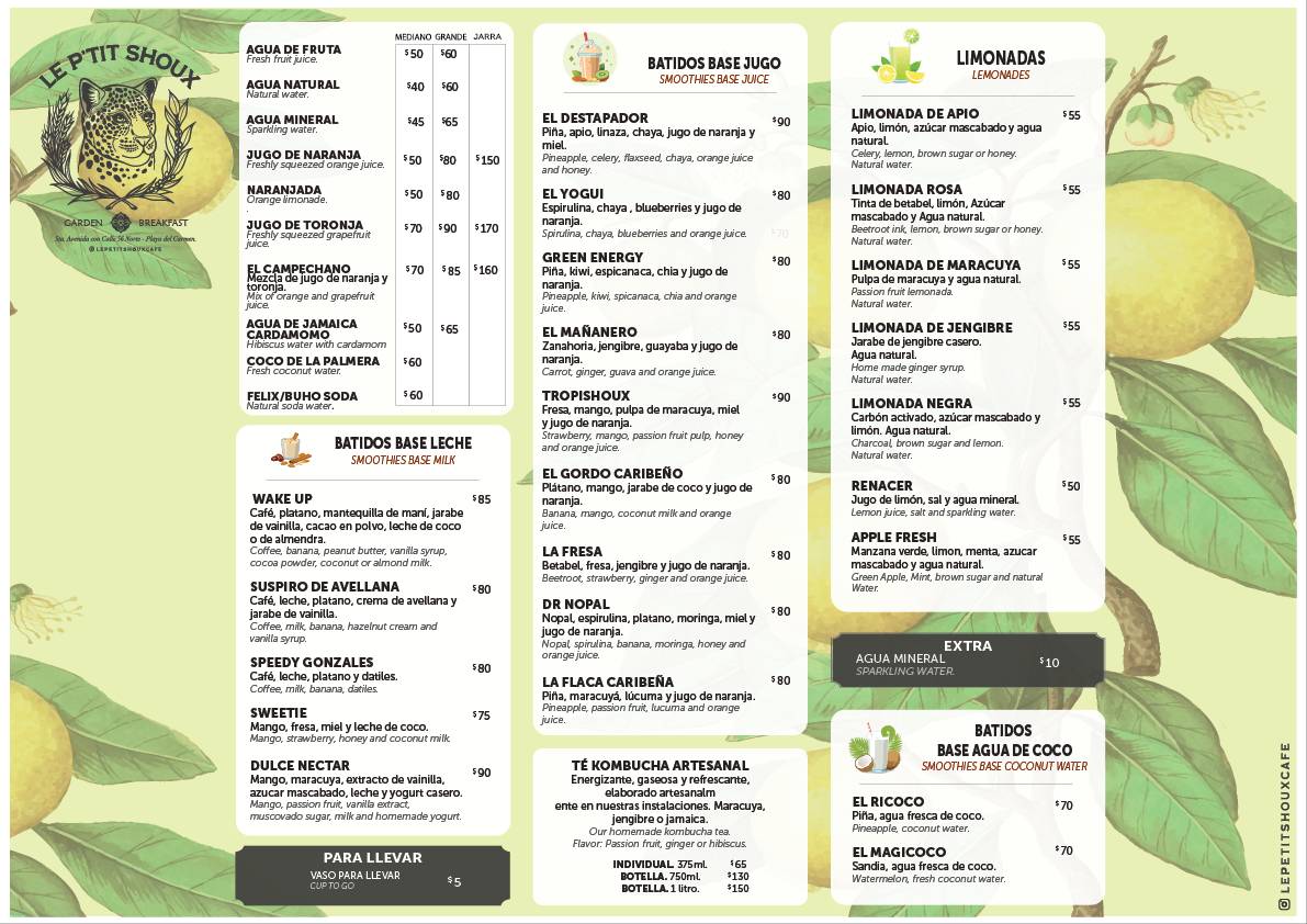 Carta del pub y bar LE P'TIT SHOUX SHOUX, Playa del Carmen