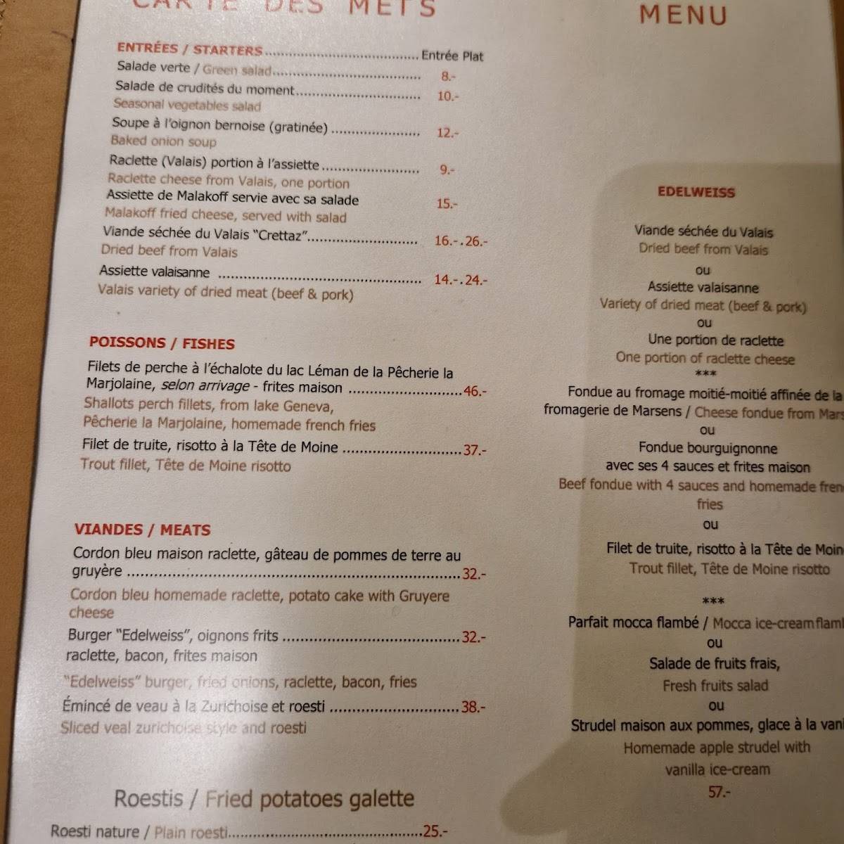 Menu at L'Edelweiss, Geneva, Pl. de la Navigation 2