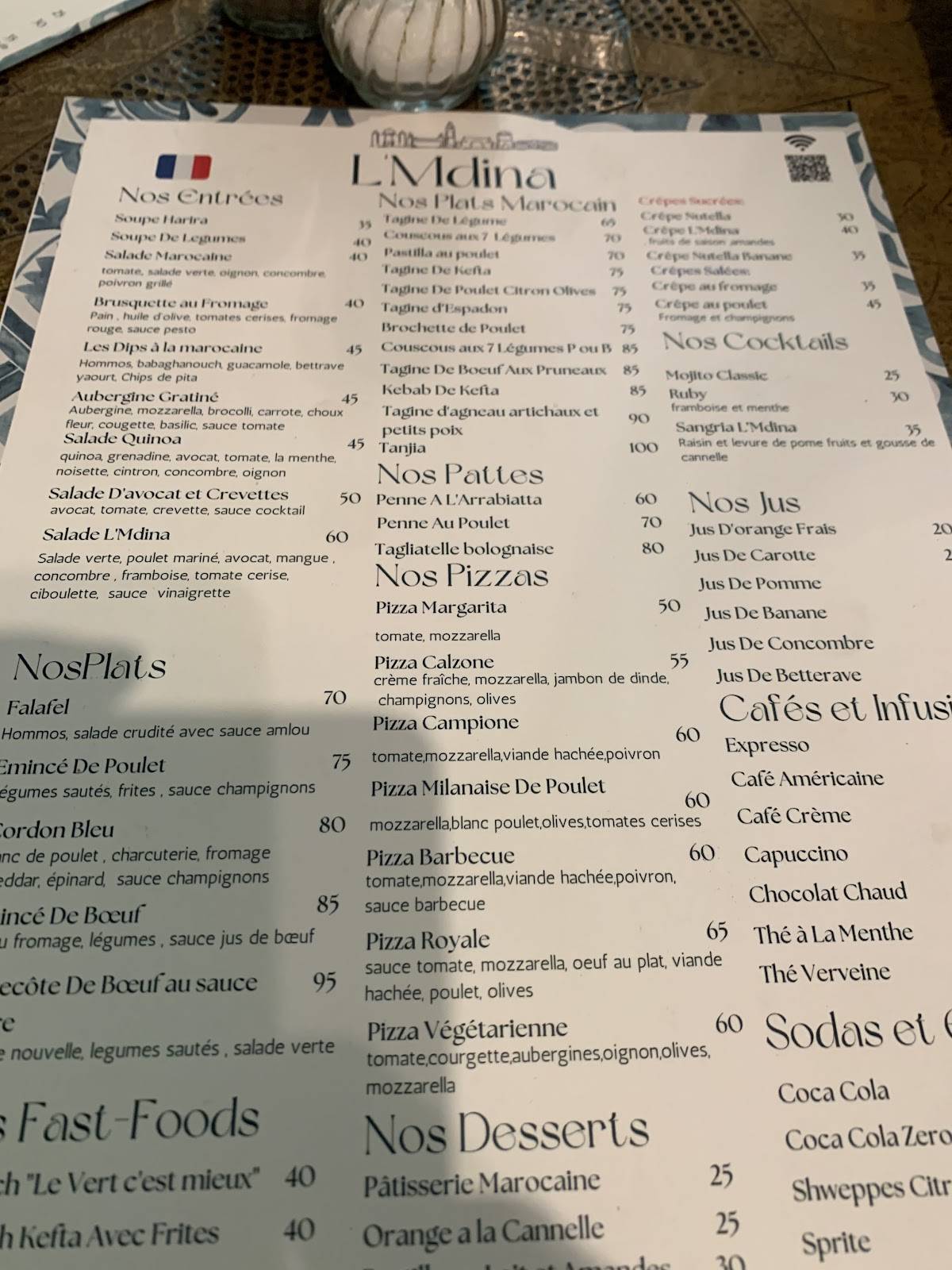 Menu at L'Mdina Marrakech restaurant, Marrakesh