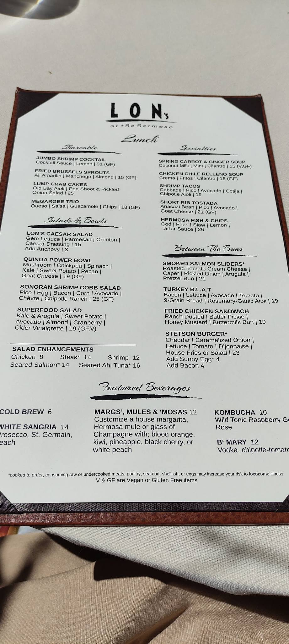 Menu at LON’s at The Hermosa Inn pub & bar, Paradise Valley