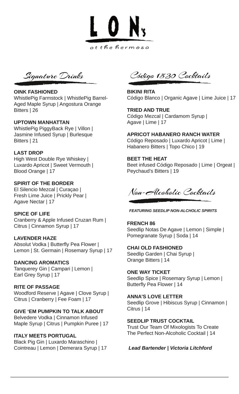 Menu at LON’s at The Hermosa Inn pub & bar, Paradise Valley