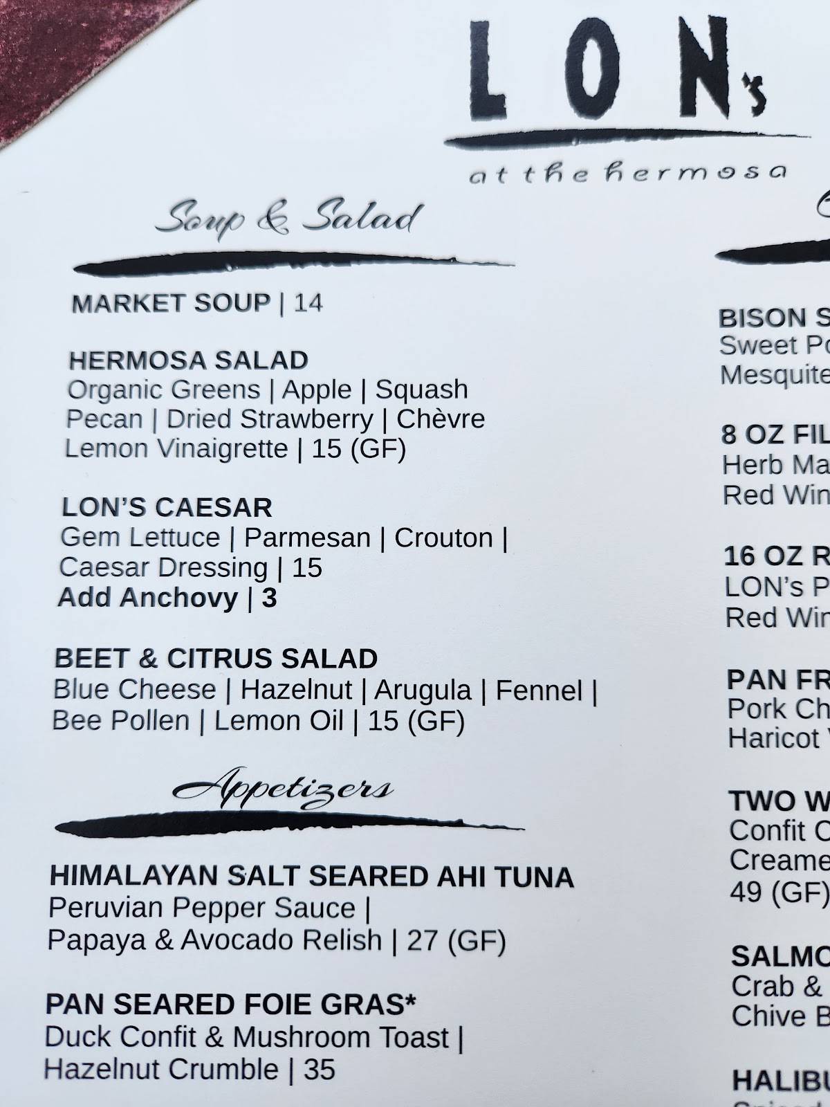 Menu at LON’s at The Hermosa Inn pub & bar, Paradise Valley