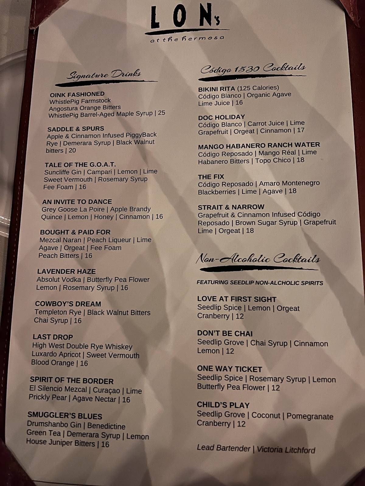 Menu at LON’s at The Hermosa Inn pub & bar, Paradise Valley