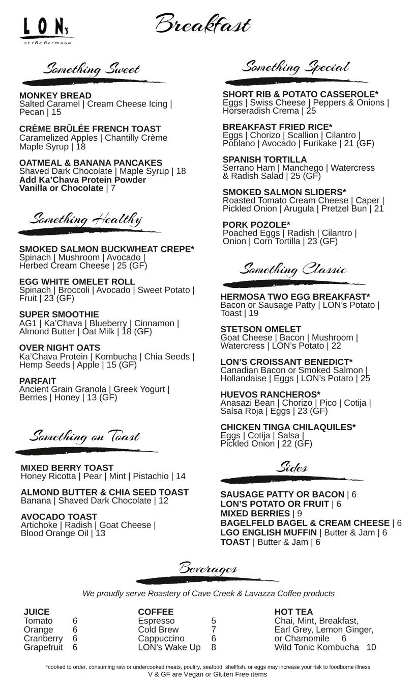 Menu at LON’s at The Hermosa Inn pub & bar, Paradise Valley