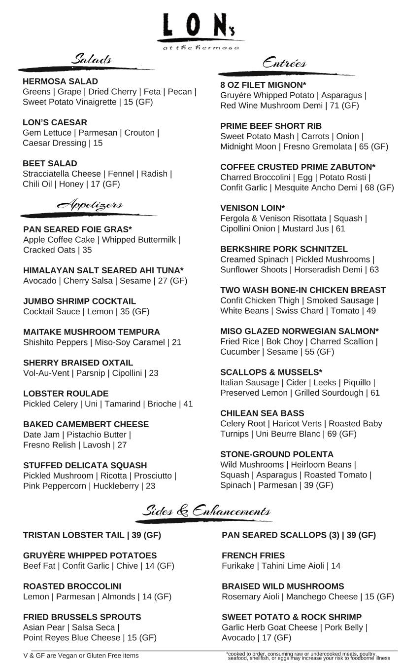 Menu at LON’s at The Hermosa Inn pub & bar, Paradise Valley