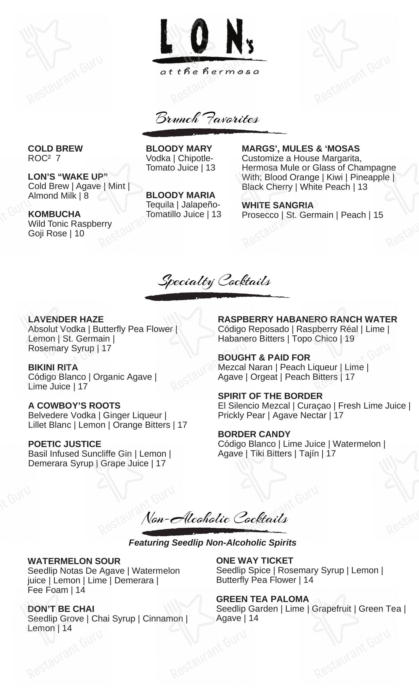 Menu at LON’s at The Hermosa Inn pub & bar, Paradise Valley