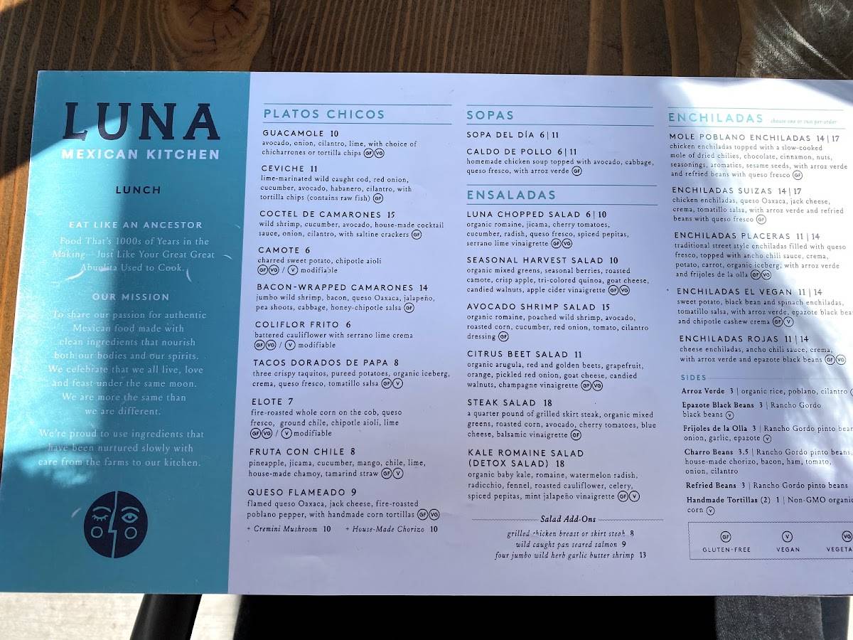 Menu at LUNA Mexican Kitchen - The Pruneyard restaurant, Campbell