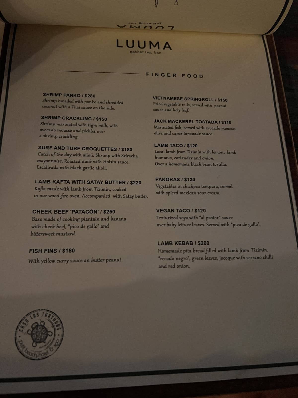 Menu at LUUMA pub & bar, Holbox