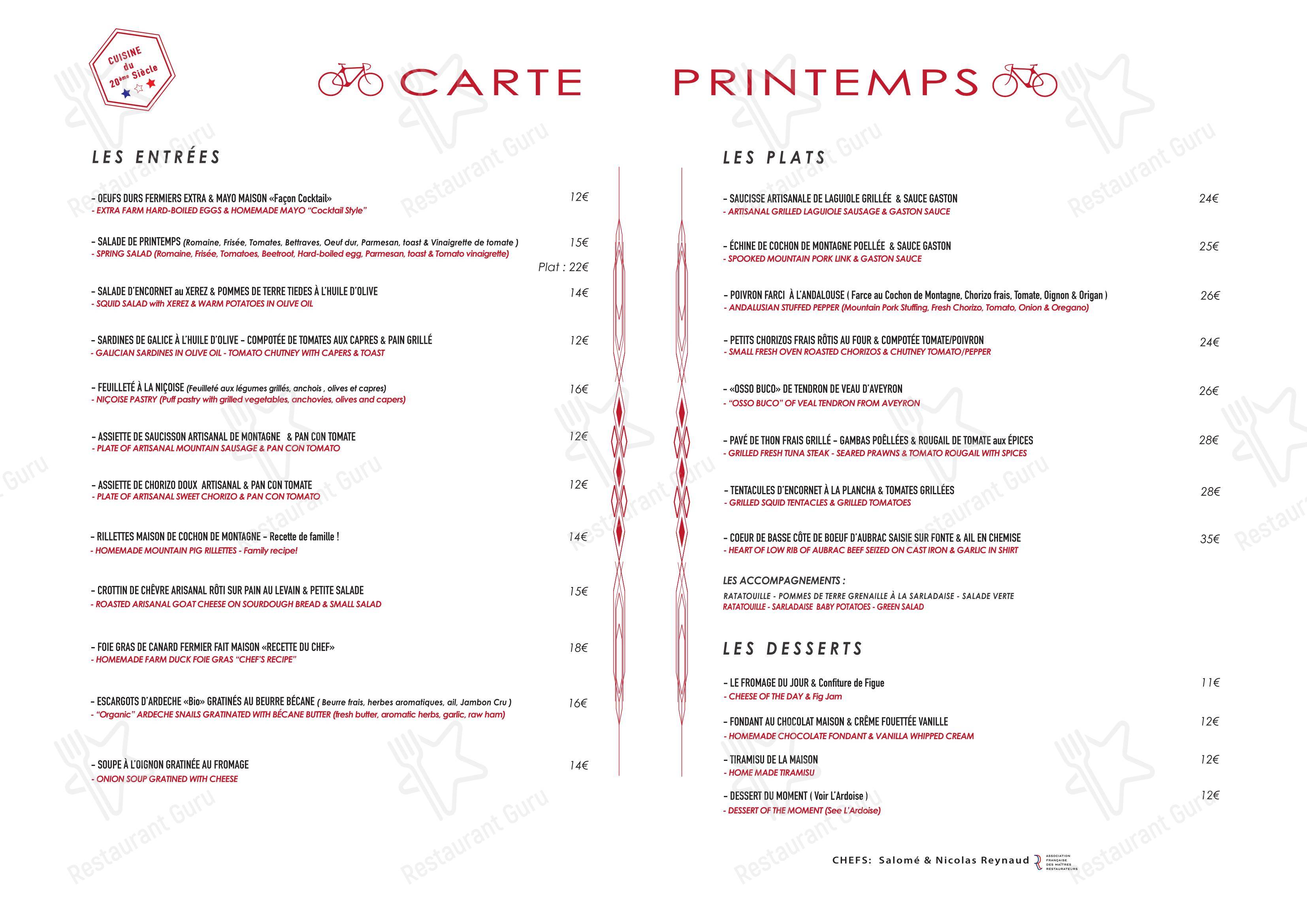 Menu au La Bécane A Gaston restaurant, Paris