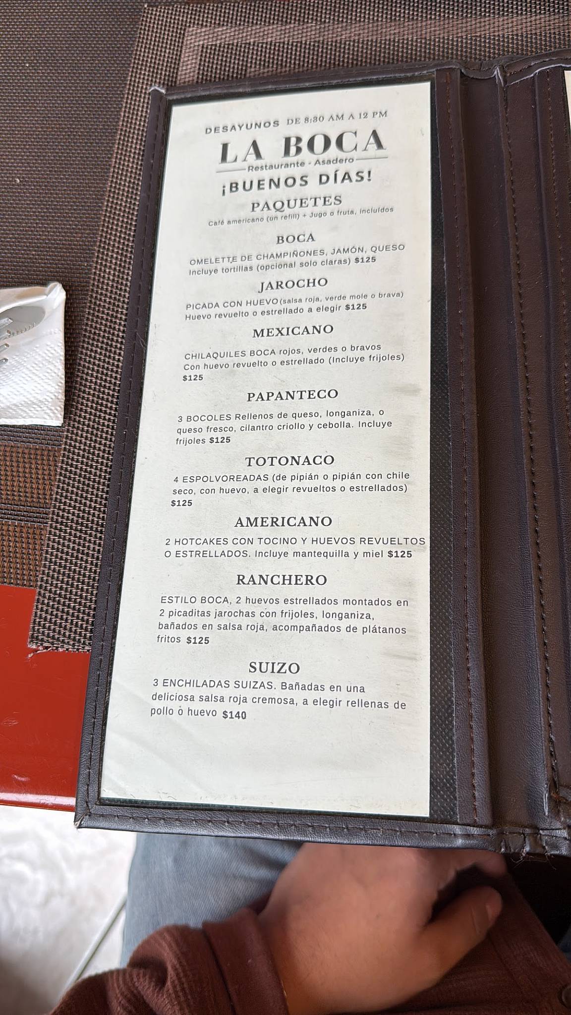 Carta del restaurante La Boca, Papantla del Olarte, Aquiles Serdán 700
