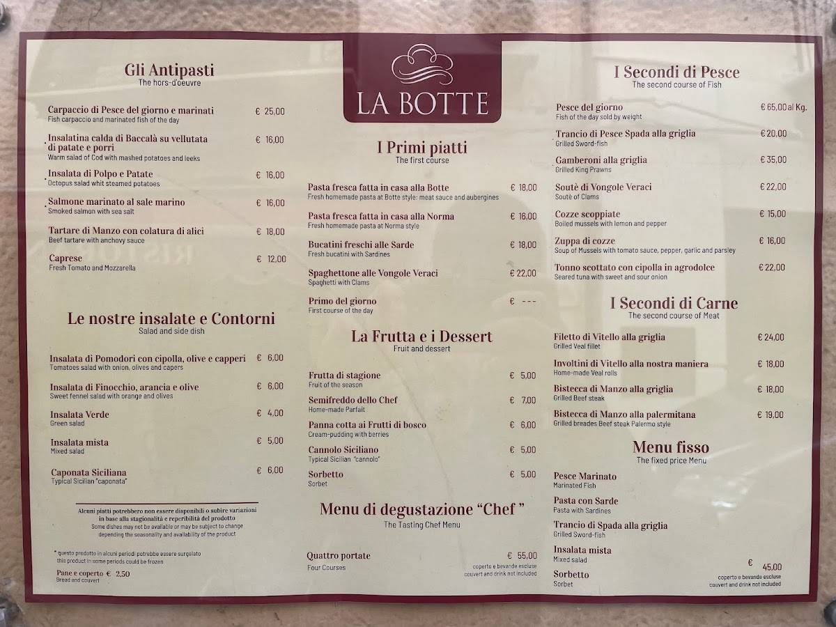 Menu da La Botte ristorante, Cefalù