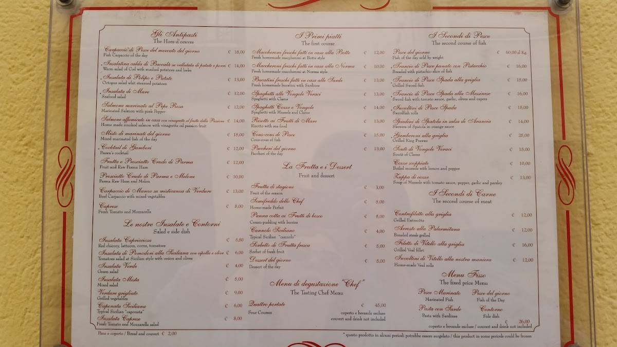 Menu at La Botte restaurant, Cefalù