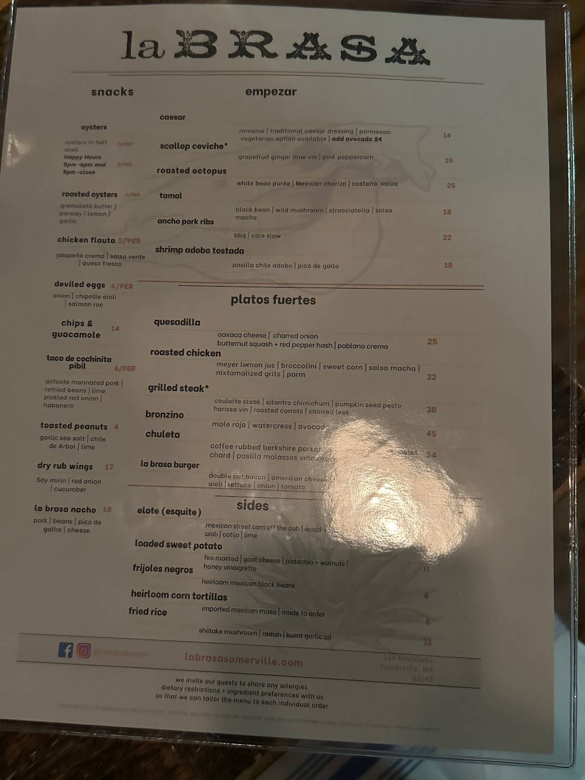 Menu at La Brasa steakhouse, Somerville