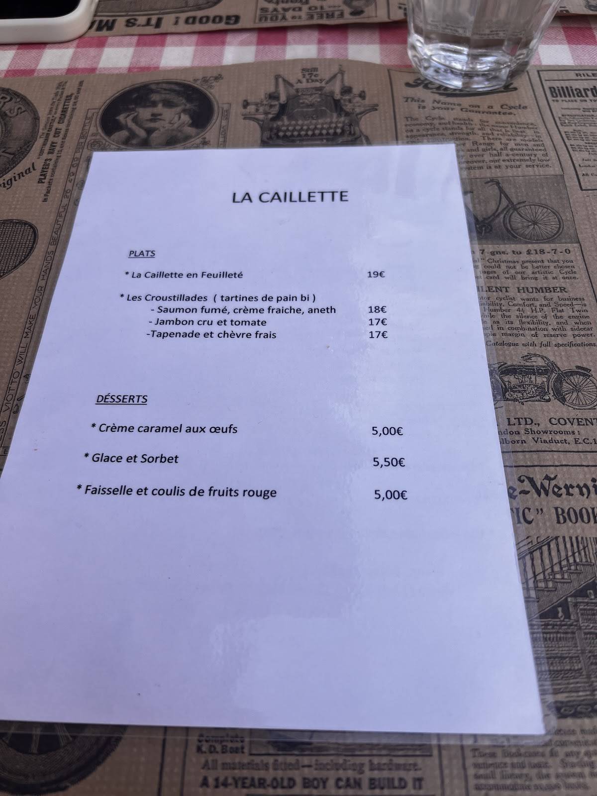 Menu au La Caillette restaurant, Vaison-la-Romaine