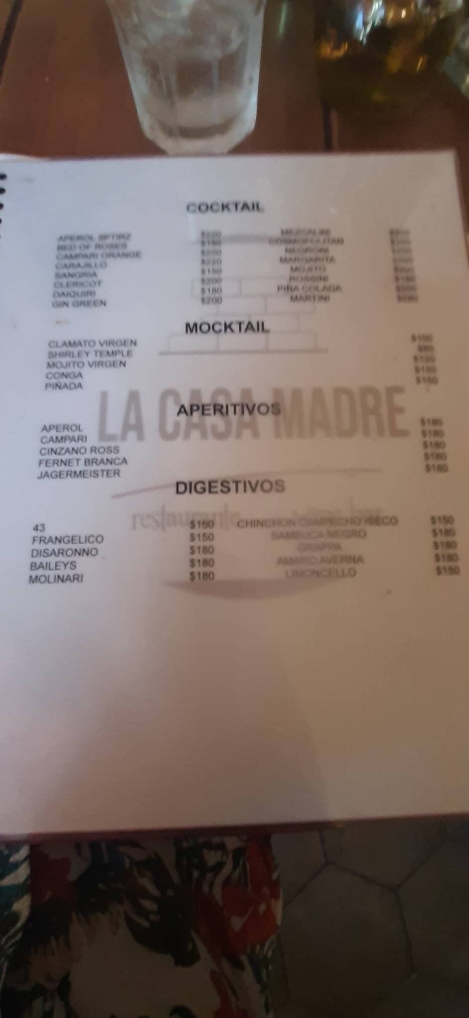 Menu at La Casa Madre restaurant, La Paz, Av. Revolución de 1910