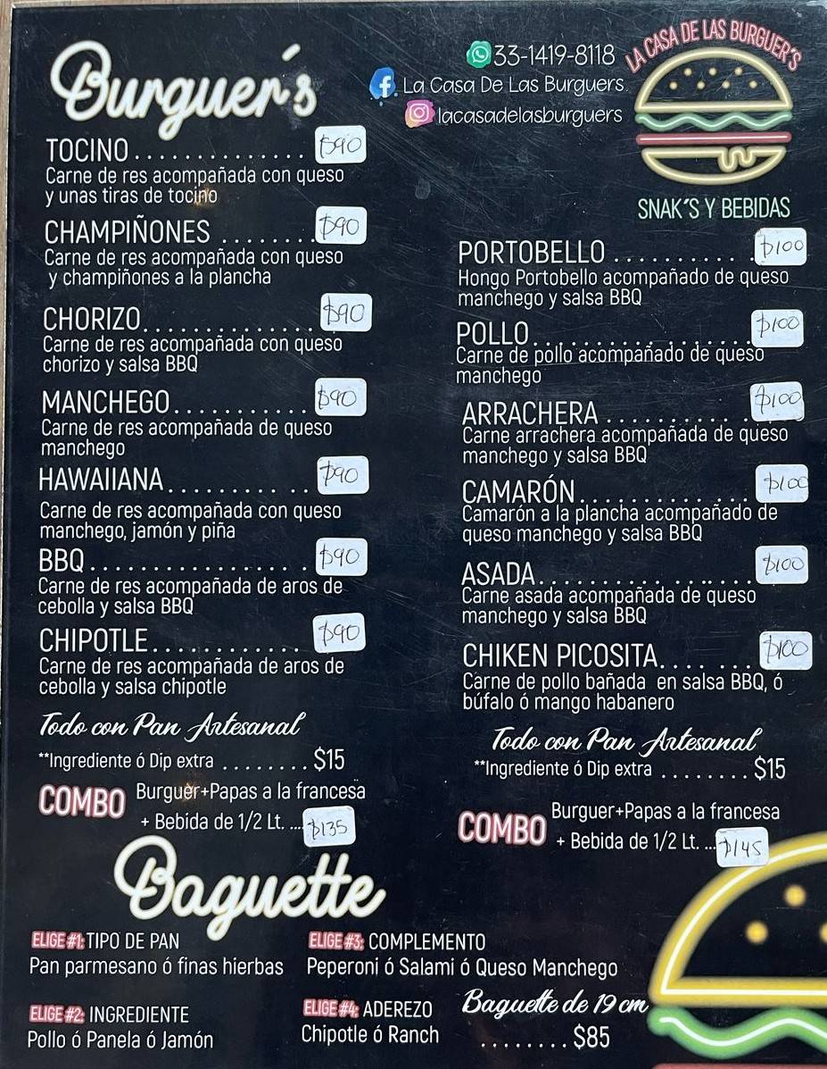 Carta del restaurante La Casa del las Burgers, Guadalajara