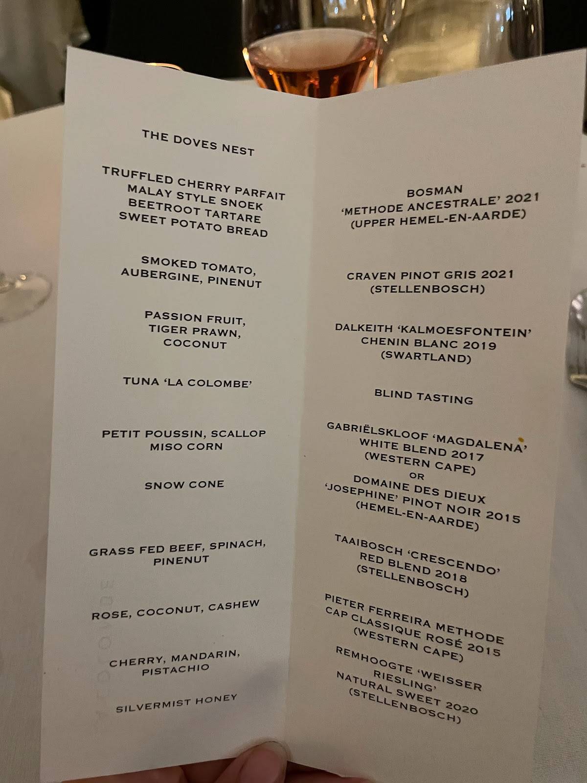 Menu au La Colombe Restaurant, Le Cap, Silvermist Wine Estate