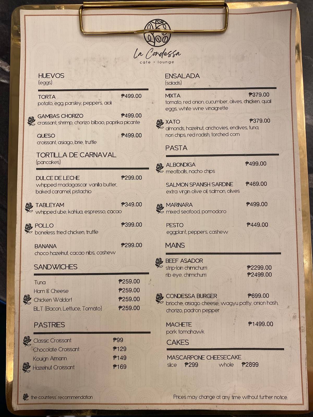 Menu at La Condessa Cafe and Lounge, Quezon City