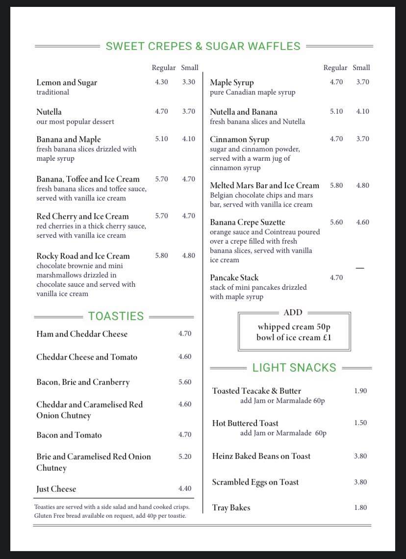 Menu at La Crepe Escape cafe, Princes Risborough