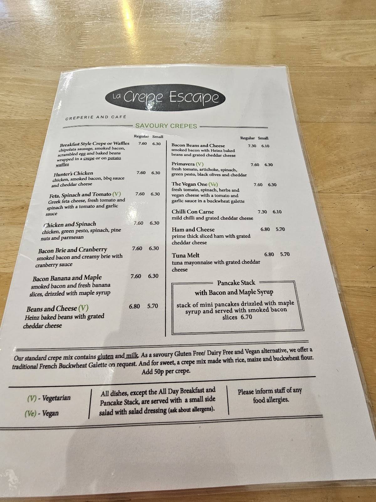 Menu at La Crepe Escape cafe, Princes Risborough