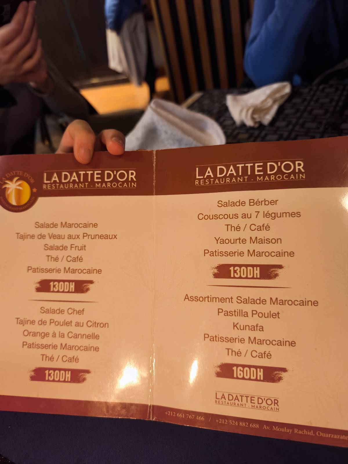 Menu au La Datte d'Or restaurant, Ouarzazate