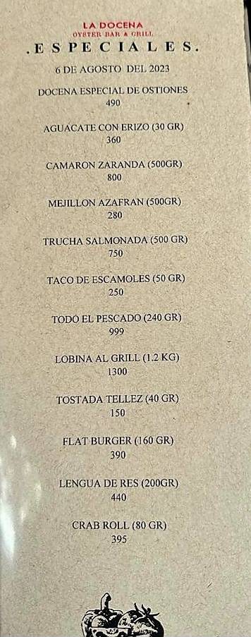 Carta del restaurante La Docena Sao Paulo, Guadalajara