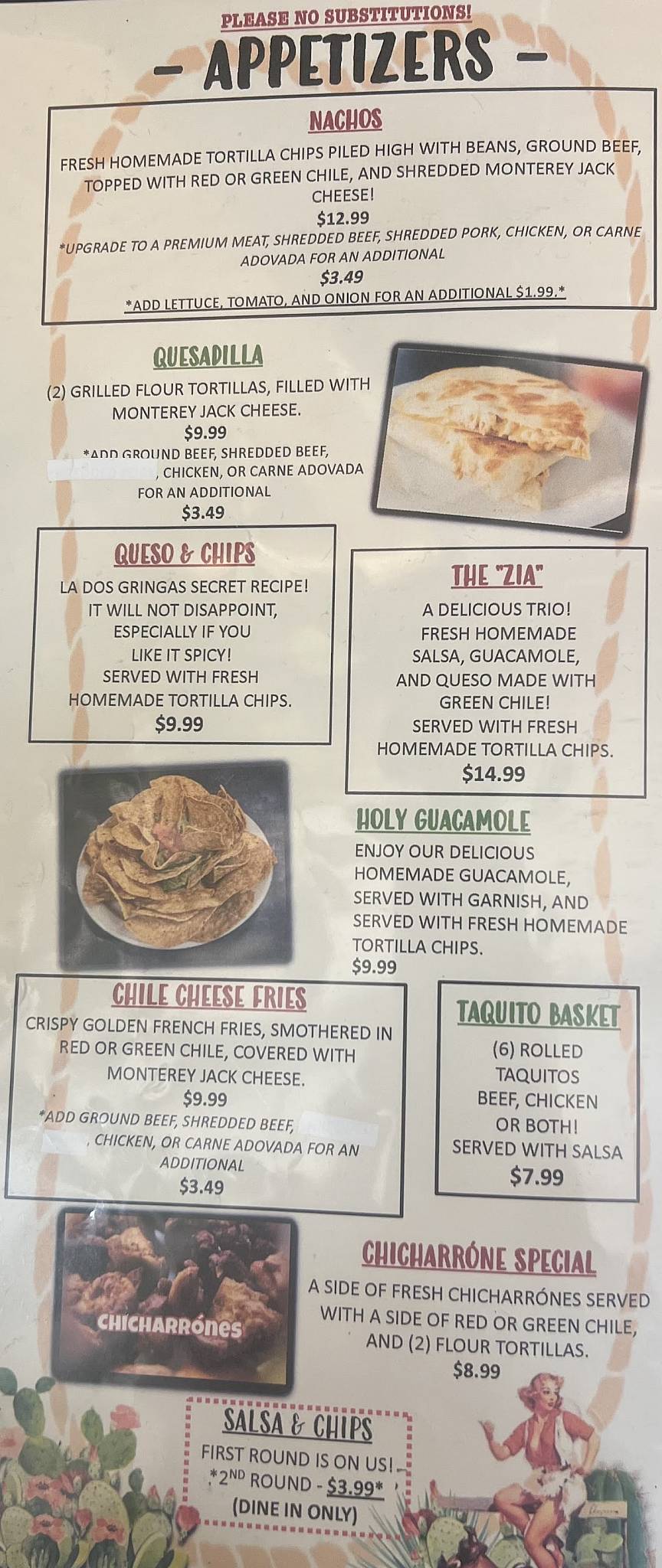 Menu at La Dos Gringas restaurant, Belen