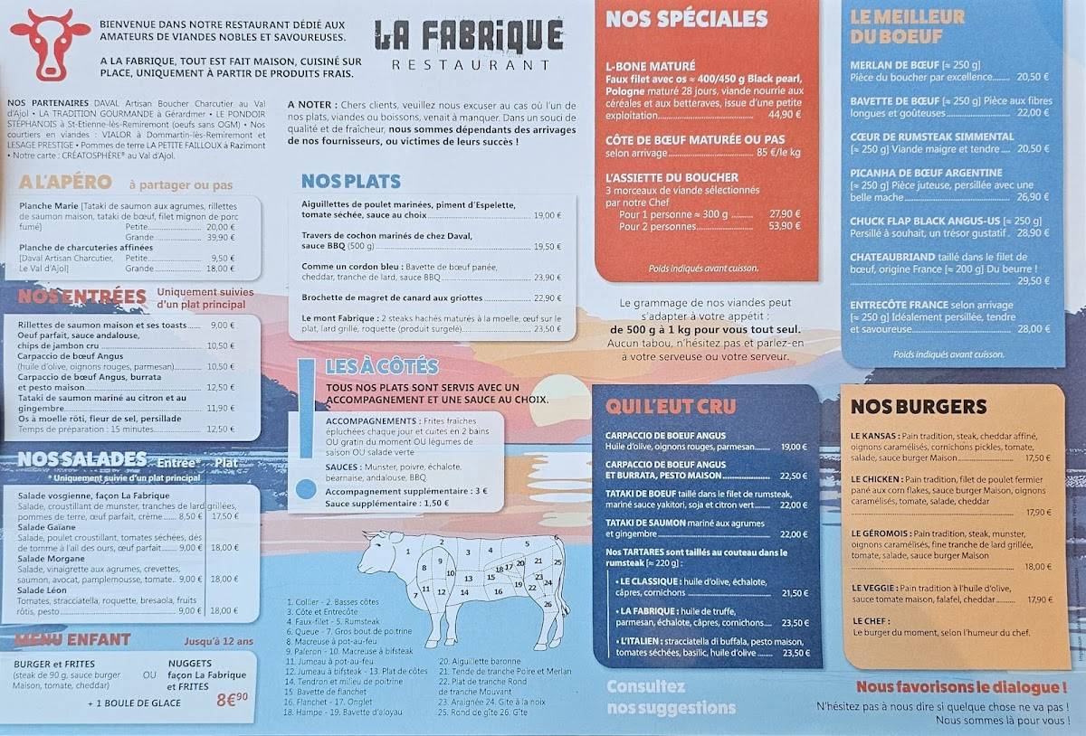 Menu au La Fabrique restaurant, Gérardmer