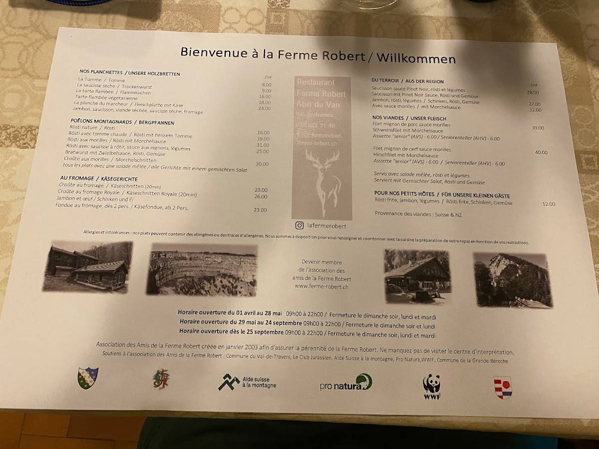 Menu au La Ferme Robert, Fleurier