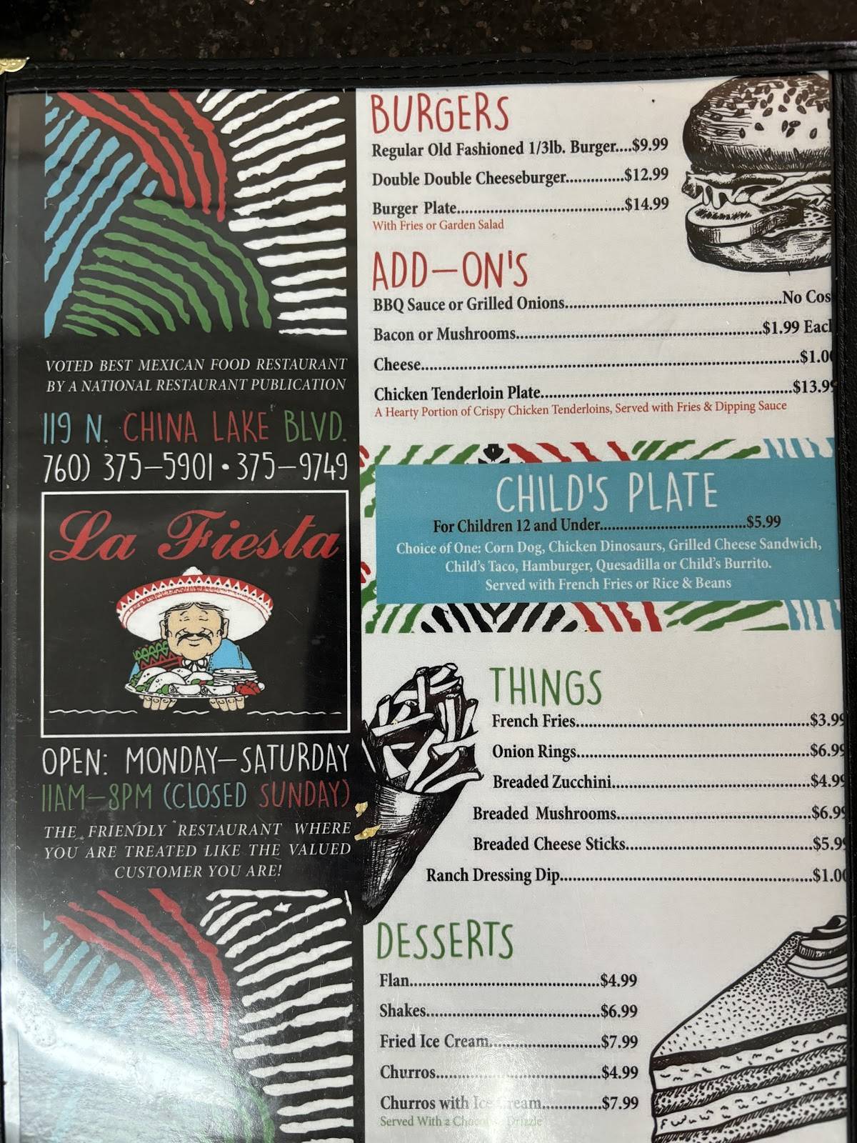 Menu at La Fiesta Mexican Restaurant, Ridgecrest