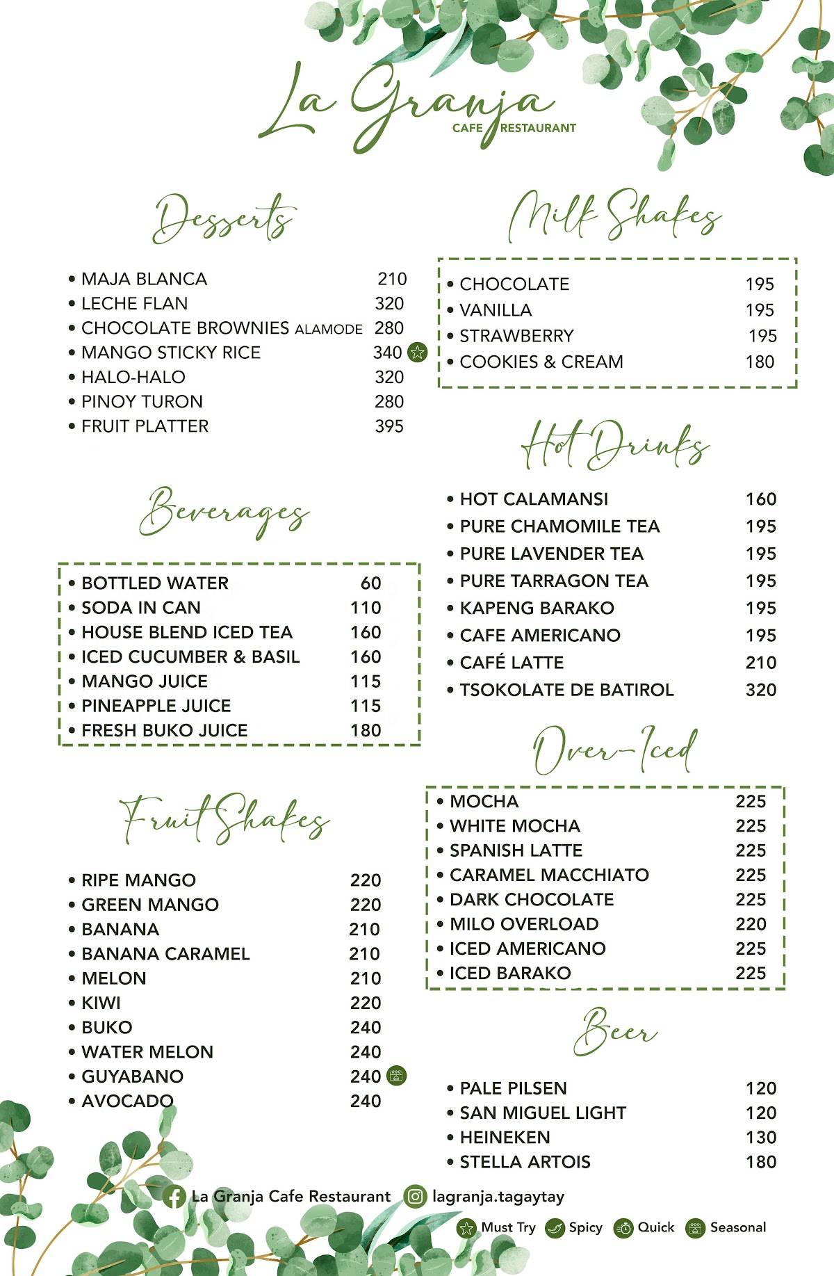 Menu at La Granja Café Restaurant, Tagaytay