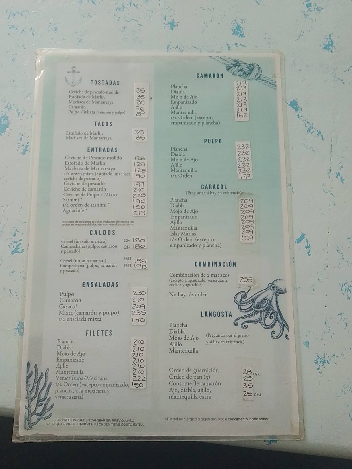 Menu at La Isla de Marin's Seafood restaurant, Puerto Vallarta