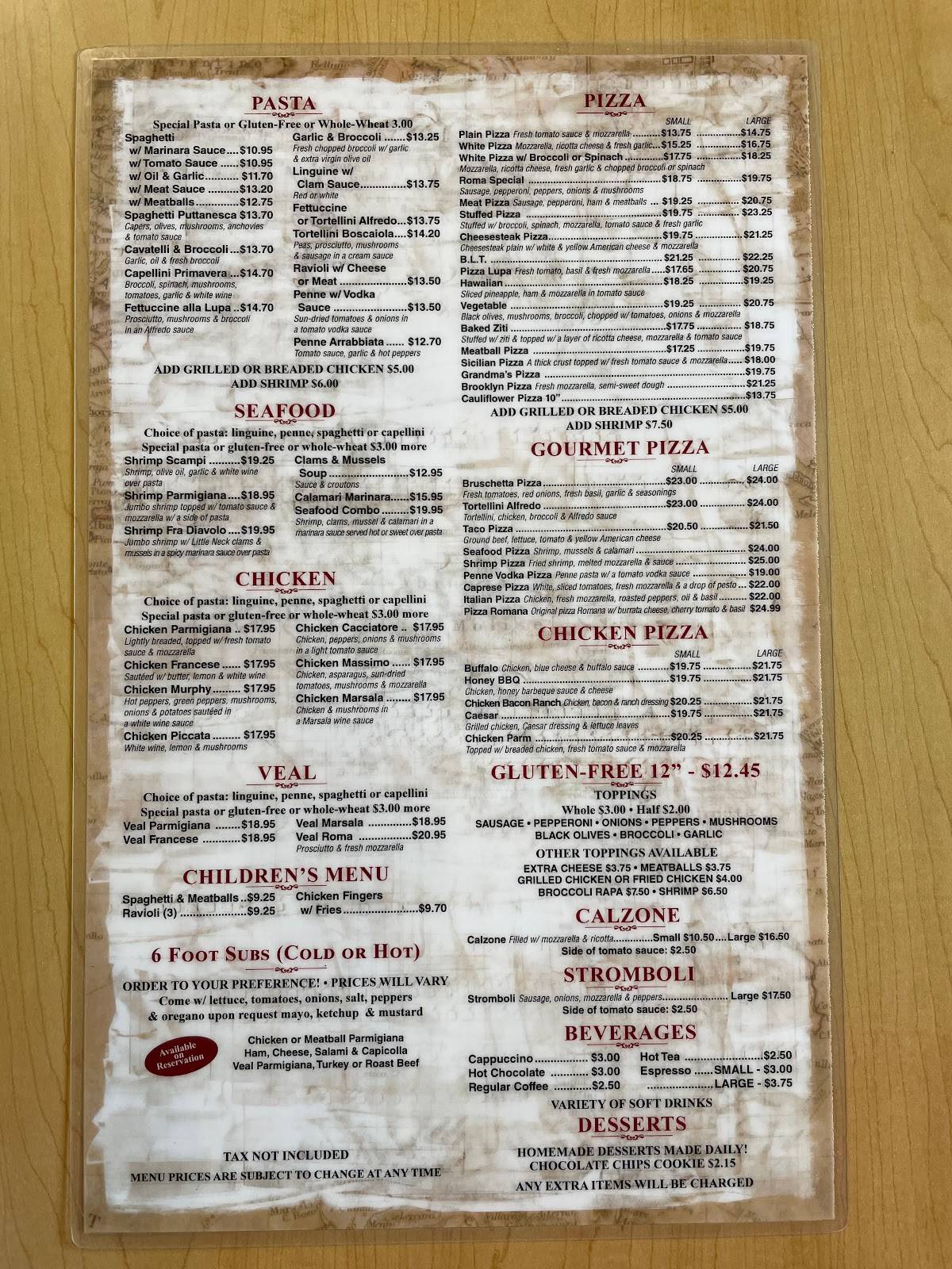 Menu at La Lupa di Roma restaurant, Neptune City
