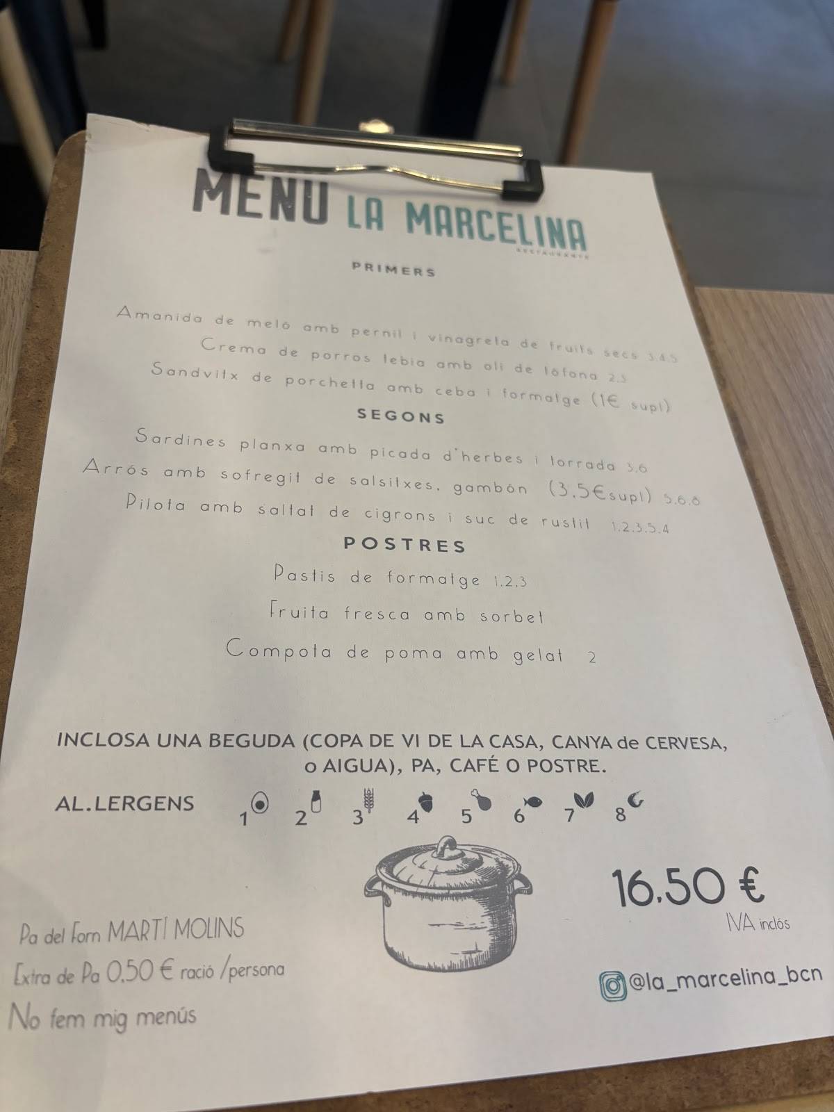 Carta de Restaurant La Marcelina, Barcelona
