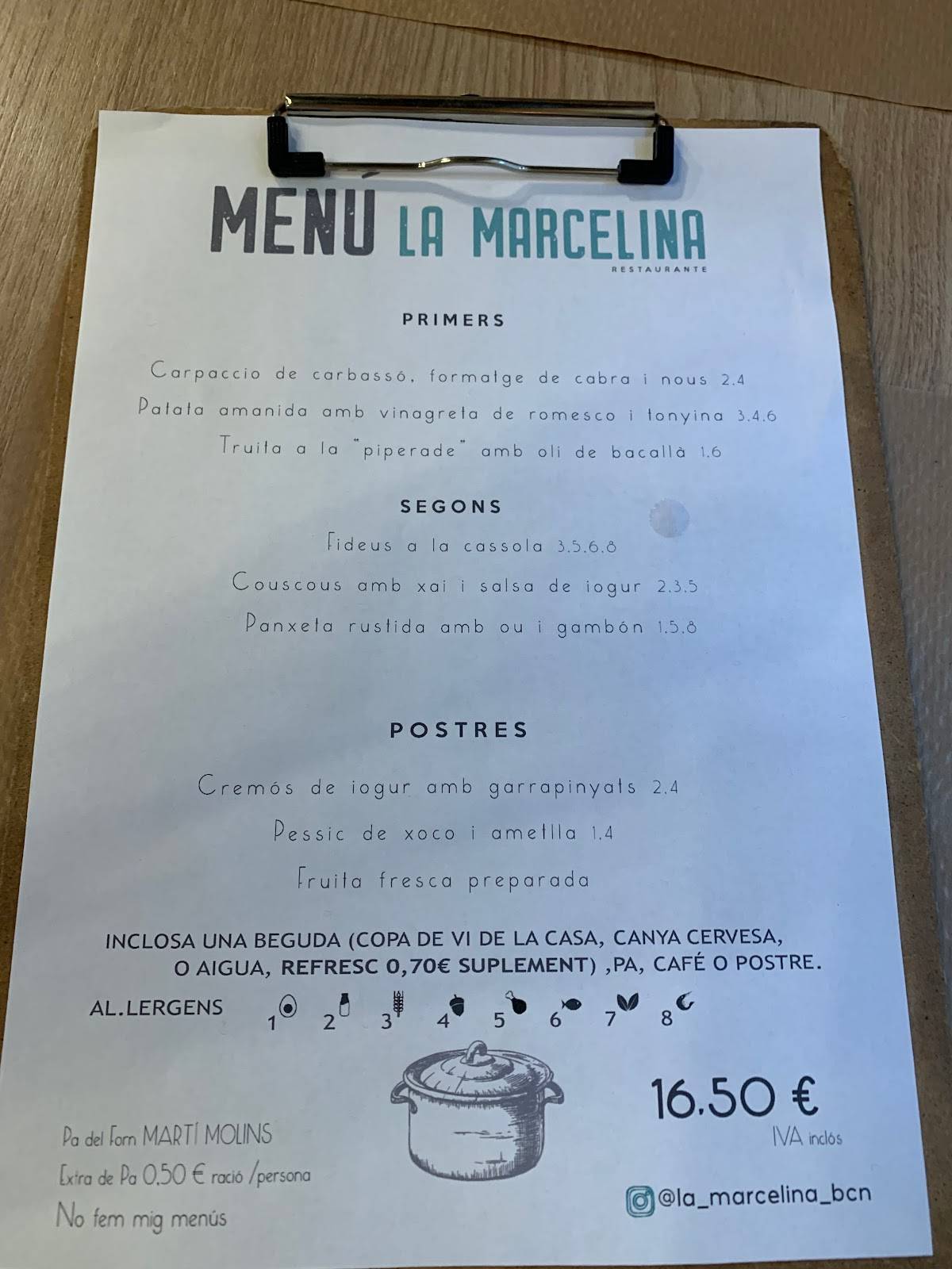 Carta de Restaurant La Marcelina, Barcelona