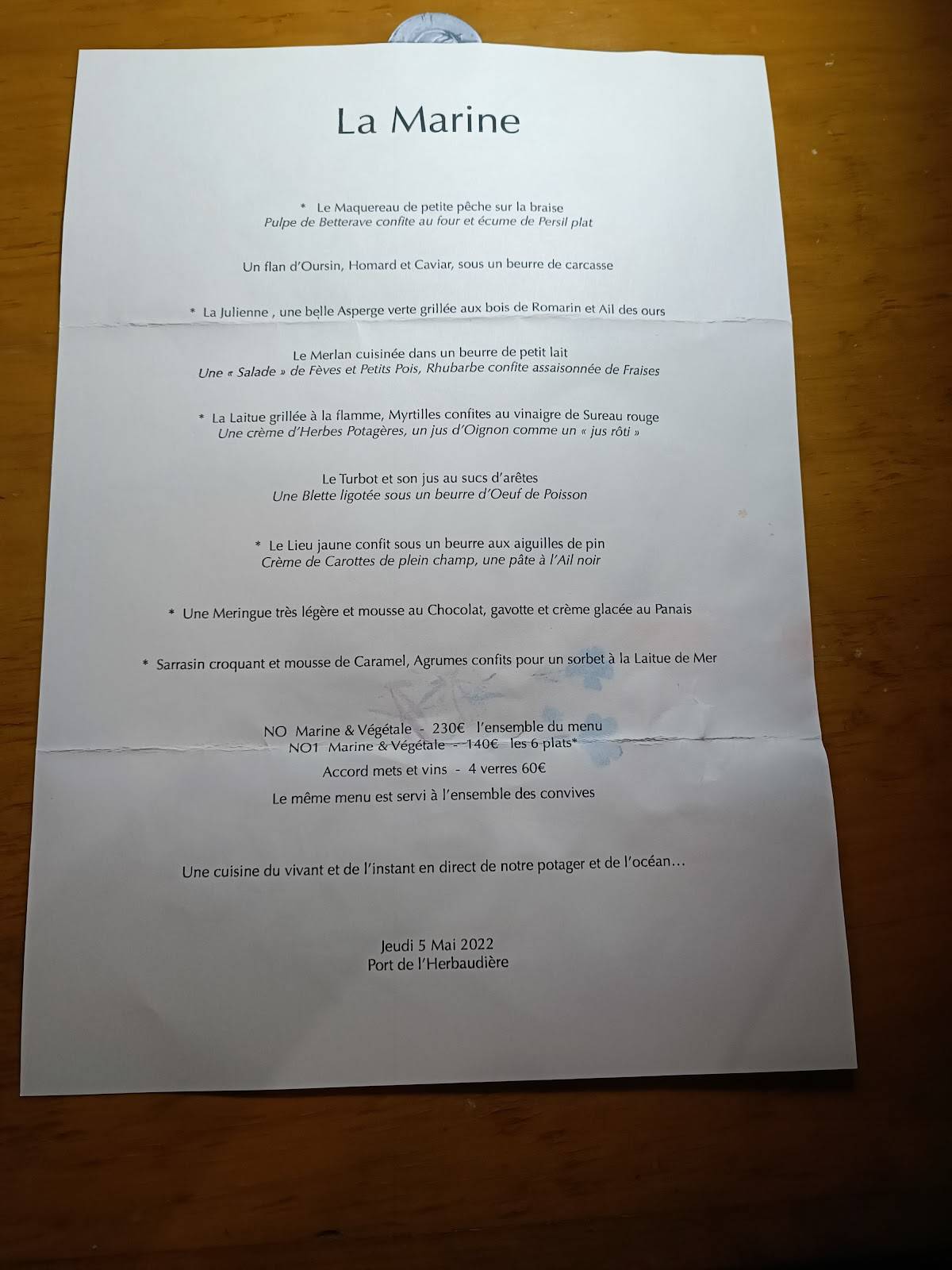 Menu au La Marine restaurant, Noirmoutier-en-l'Île