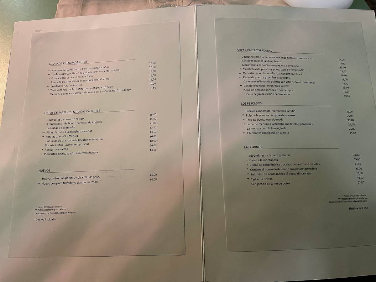 Carta del restaurante La Maruca, Madrid, P.º del la Castellana