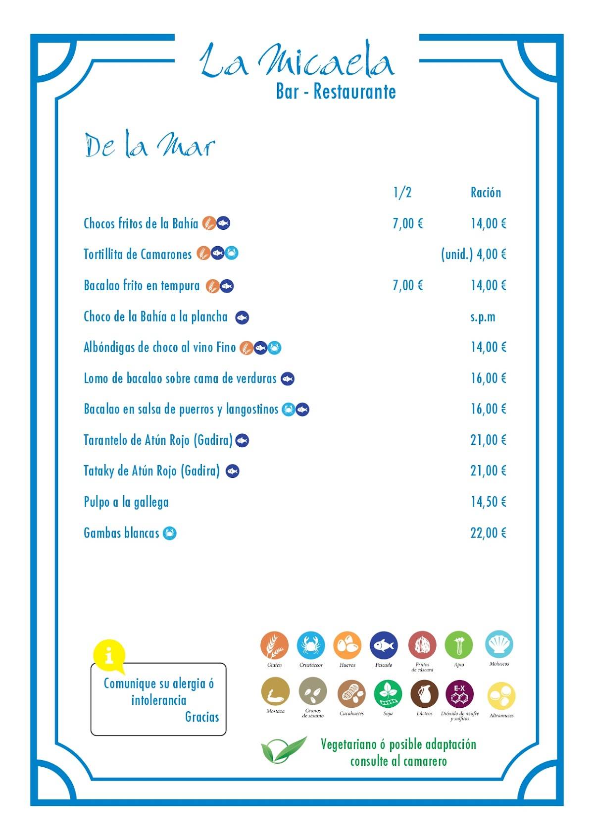 Carta de La Micaela Restaurante Bar, El Puerto de Santa María, Av ...